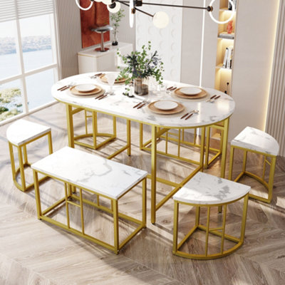 BTM Luxury Dining Set for 6 with White MDF Table and Gold Frame Chairs ...