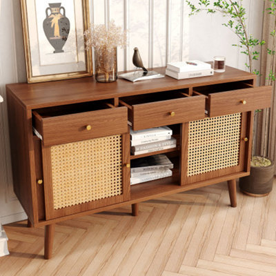 BTM Modern Sideboard 120cm with Rattan Doors, 3 Drawers & Compartments ...