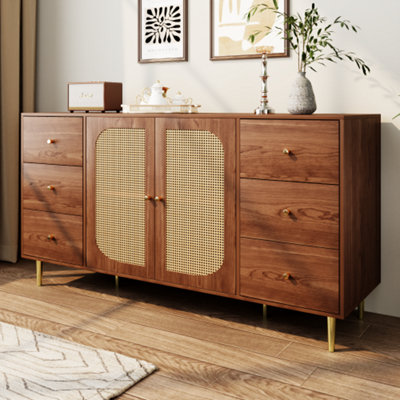 BTM Modern Sideboard 160X40X90cm, Rattan Door Design, 6 Drawers, Wooden ...