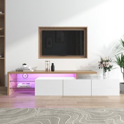 BTM Modern TV cabinet with highgloss white wooden look, glass shelves, LED lighting, stylish and ...