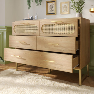 BTM Oak Rattan Sideboard Cabinet with 6 Drawers, Metal Handles, Anti ...