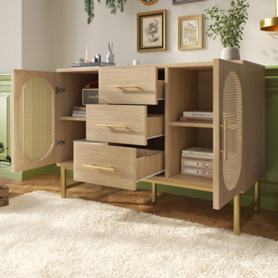 BTM Oak Rattan Sideboard with 2 Doors, 3 Drawers, Adjustable Shelves ...