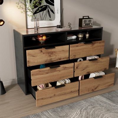 BTM Oak Sideboard Dresser with 6 Drawers & 2 Shelves, Amber Glass ...