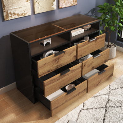 BTM Oak Sideboard Dresser with 6 Drawers & 2 Shelves, Amber Glass ...