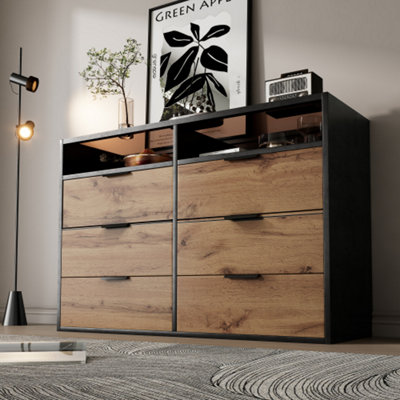 BTM Oak Sideboard Dresser with Six Drawers and Two Shelves Amber Glass ...