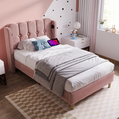 BTM Pink Velvet Single Bed Frame with USB Charging Upholstered 3ft Bed ...