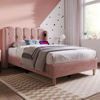 BTM Pink Velvet Single Bed Frame with USB Charging Upholstered 3ft Bed ...