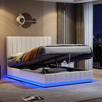 BTM PU Leather Ottoman Double Bed with LED, Hydraulic Storage ...