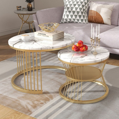 BTM Round Nesting Coffee Tables Set of 2, Gold Metal Frame, Marble Top ...