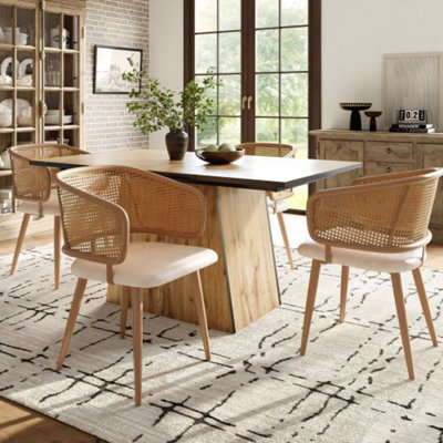 BTM Set of 4 Beige Dining Chairs with Rattan Back and PU Leather Seat ...