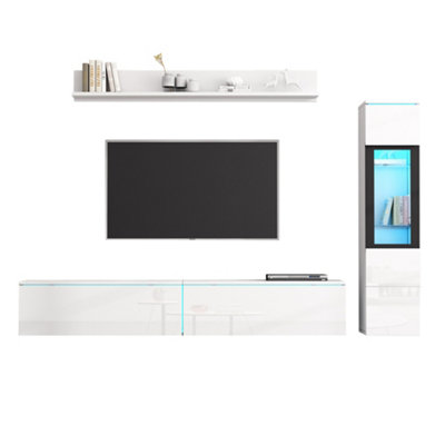 BTM Set of Three White High Gloss TV Wall Units with LED TV Stand ...