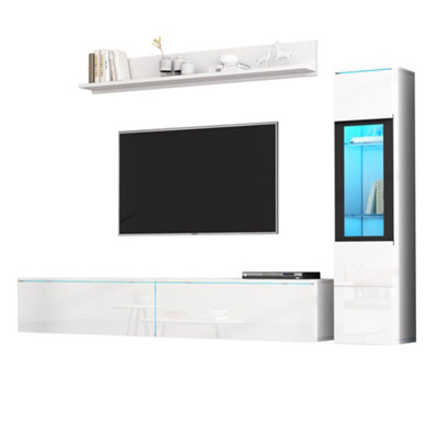 BTM Set of Three White High Gloss TV Wall Units with LED TV Stand ...