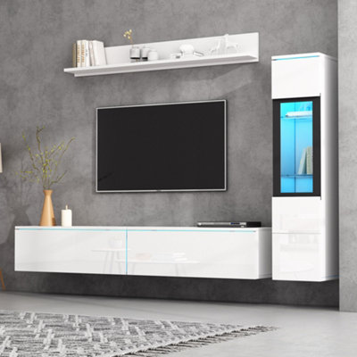 BTM Set of Three White High Gloss TV Wall Units with LED TV Stand Display Cabinet and Hanging Shelf