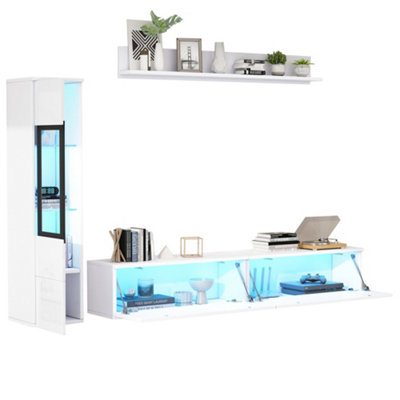 BTM SET OF THREE WHITE HIGH GLOSS TV WALL UNITS WITH LED TV STAND ...