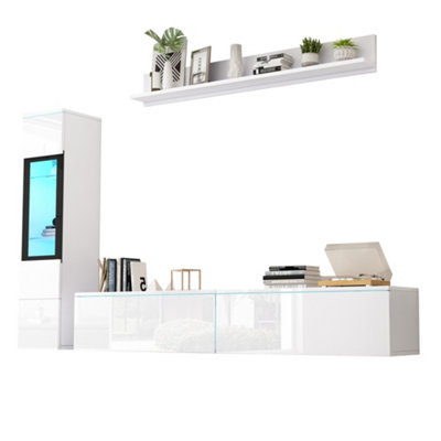 BTM SET OF THREE WHITE HIGH GLOSS TV WALL UNITS WITH LED TV STAND ...