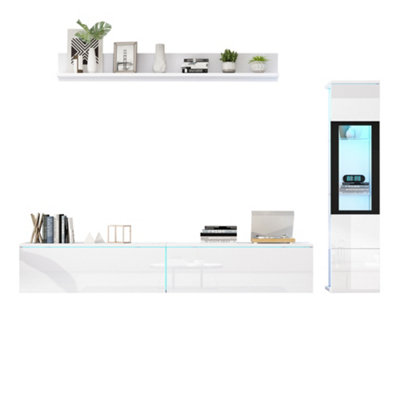 BTM SET OF THREE WHITE HIGH GLOSS TV WALL UNITS WITH LED TV STAND ...