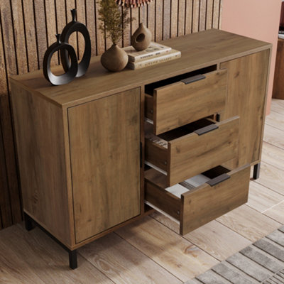 BTM Sideboard Cabinet, 2 Doors & 3 Drawers, Adjustable Shelf, Dark Oak ...