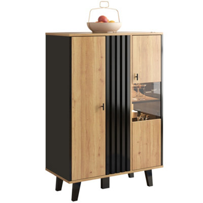 BTM Sideboard Display Cabinet with Glass And LED, Black And Wood Design ...