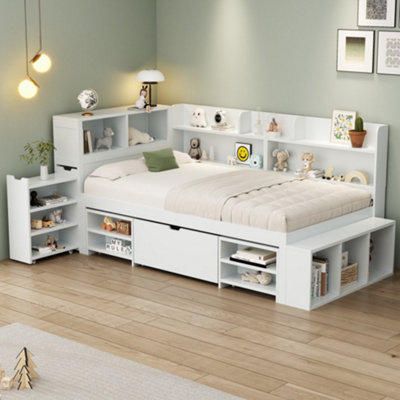 BTM Single Bed 3ft 90x190cm White with Drawers Bookcase Storage ...