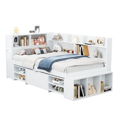 BTM Single Bed 3ft 90x190cm White with Drawers Bookcase Storage ...
