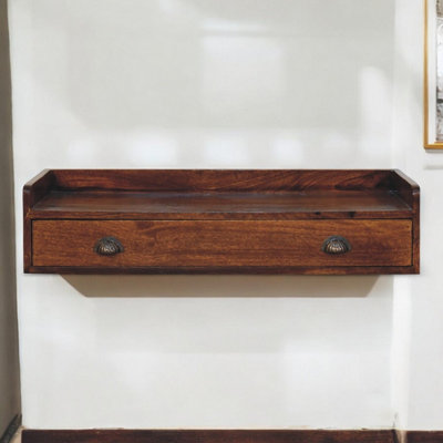 BTM Solid Wood Belmont Wall-Mounted Console Shelf, 1 Drawer, Dark Brown