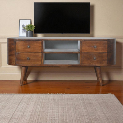 BTM Solid Wood Chestnut Rounded Entertainment Unit, 4 Drawers, 2 Open ...
