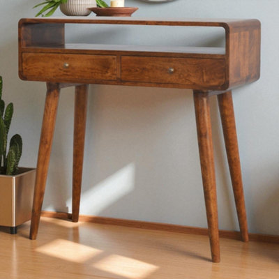 BTM Solid Wood Curved Chestnut Console Table, 2 Drawers, 1 Open Slot ...