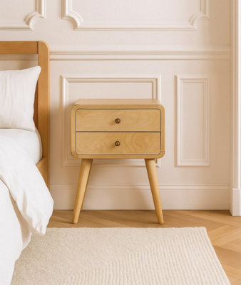 BTM Solid Wood Curved Oak-ish Bedside, 2 Drawers, Beige
