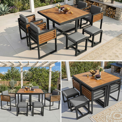 BTM Solid Wood Garden Dining Set for 6, 6 Chairs & Table