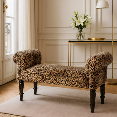 BTM Solid Wood Leopard Print Upholstered Velvet Bench, Brown
