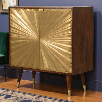 BTM Solid Wood Manila Gold Cabinet, Brass-Plated Doors, Gold and Dark Brown