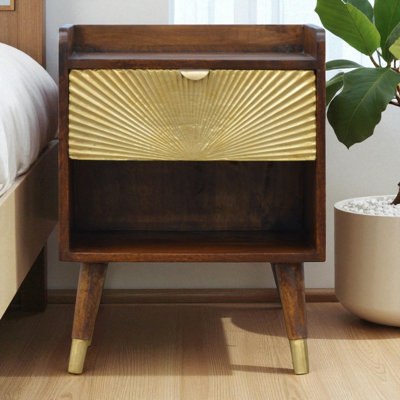 BTM Solid Wood Manila Gold One Drawer Bedside, 1 Shelf, Darl Brown & Golden