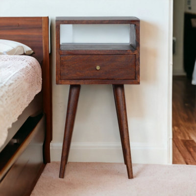 BTM Solid Wood Mini Cherry Bedside, 1 Drawer and Open Shelf, Dark Brown