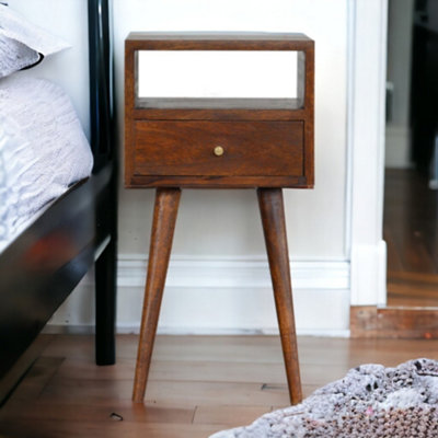 BTM Solid Wood Mini Chestnut Bedside, 1 Drawer and Open Shelf, Dark Brown