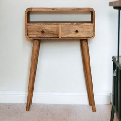 BTM Solid Wood Mini Curved Oak-ish Console Table, 2 Drawers and Open ...