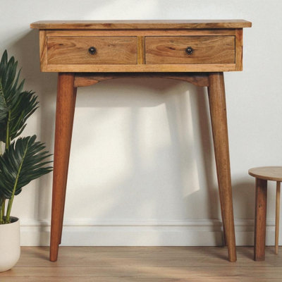 BTM Solid Wood Mini Oak-ish Hallway Console Table, 2 Drawers, Brown