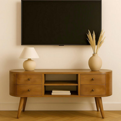 BTM Solid Wood Rounded Entertainment Unit, 4 Drawers, 2 Shelves, Brown