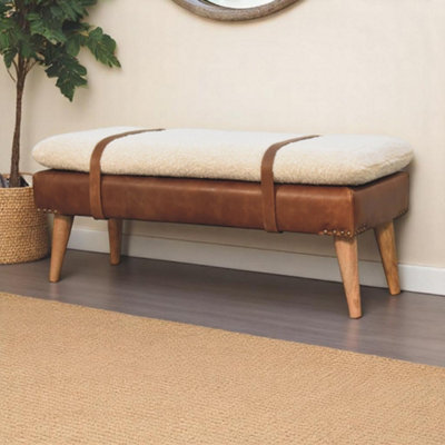 BTM Solid Wood Upholstered Bouclé Buffalo Hide Leather Bench, Beige