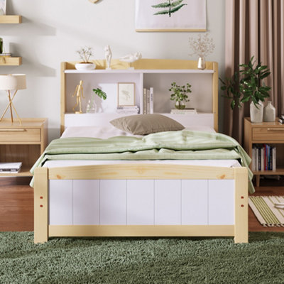BTM Solid Wooden Bed Frame Single Bed with Storage Headboard 3ft ...