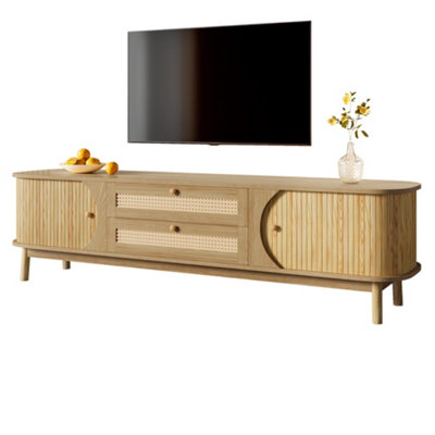 BTM TV Cabinet with Doors & Drawers, Natural Wood & Rattan Sides ...