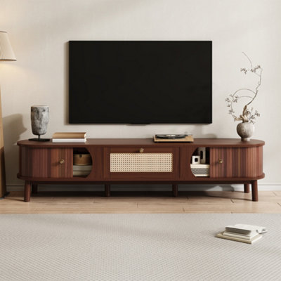 BTM TV Cabinet with Solid Wood Doors and Rattan Drawers, Rustic Natural ...