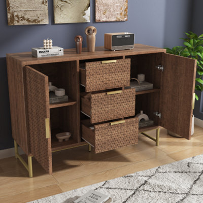 BTM Walnut Embossed Sideboard with 2 Doors, 3 Drawers, Adjustable ...