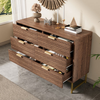 BTM Walnut Embossed Sideboard with 6 Drawers, Anti-Tip, for Living Room, Hallway, Bedroom ...