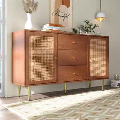 BTM Walnut Rattan Sideboard Cabinet with 2 Doors, 3 Drawers, Adjustable ...