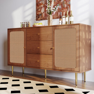 BTM Walnut Rattan Sideboard Cabinet with 2 Doors, 3 Drawers, Adjustable ...