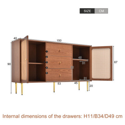 BTM Walnut Rattan Sideboard Cabinet with 2 Doors, 3 Drawers, Adjustable ...
