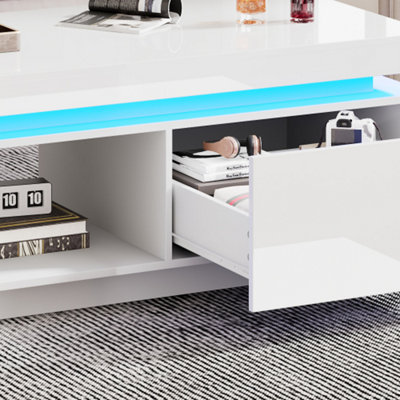 BTM White High Gloss LED Coffee Table with Drawer RGB Lights and Shelf ...