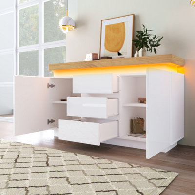 BTM White High-Gloss Sideboard 140cm, 2 Doors, 3 Drawers, RGB LED App ...