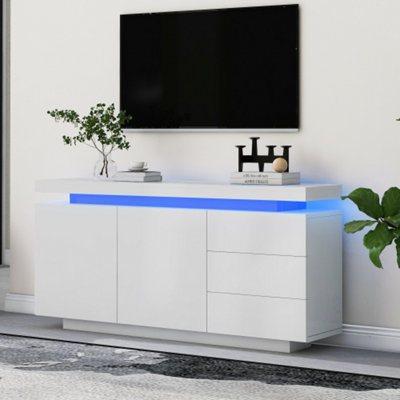 BTM White High Gloss Sideboard with 16-Colour LED, 2 Doors & 3 Drawers ...