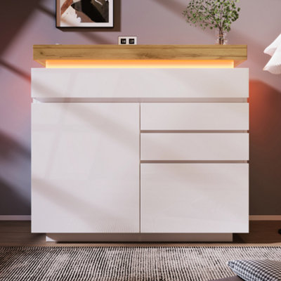 BTM White High-Gloss Sideboard with 2 Doors, 3 Drawers & RGB LED (App ...